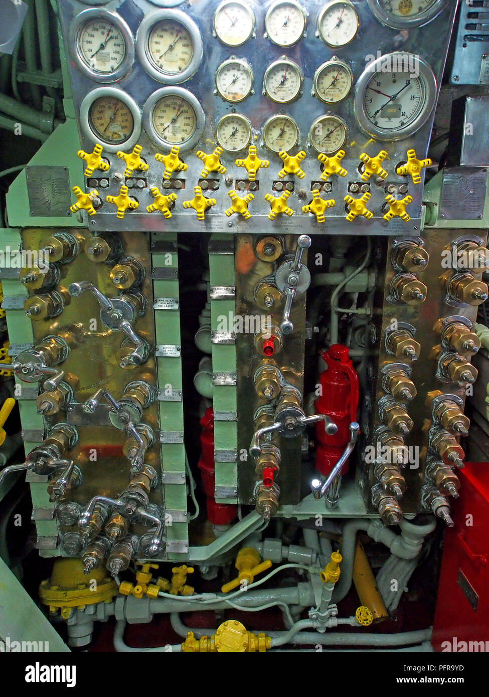 Valves and manifold of the compressed air system in the control room of ...