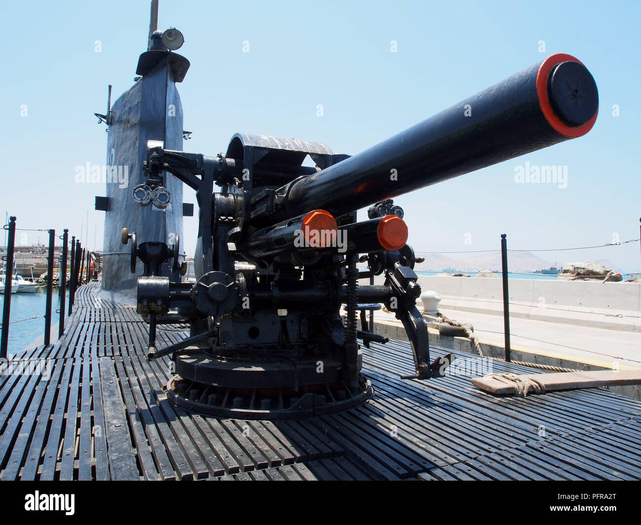 127 mm (5") gun and conning tower on the deck of the BAP Abtao (SS-42 ...