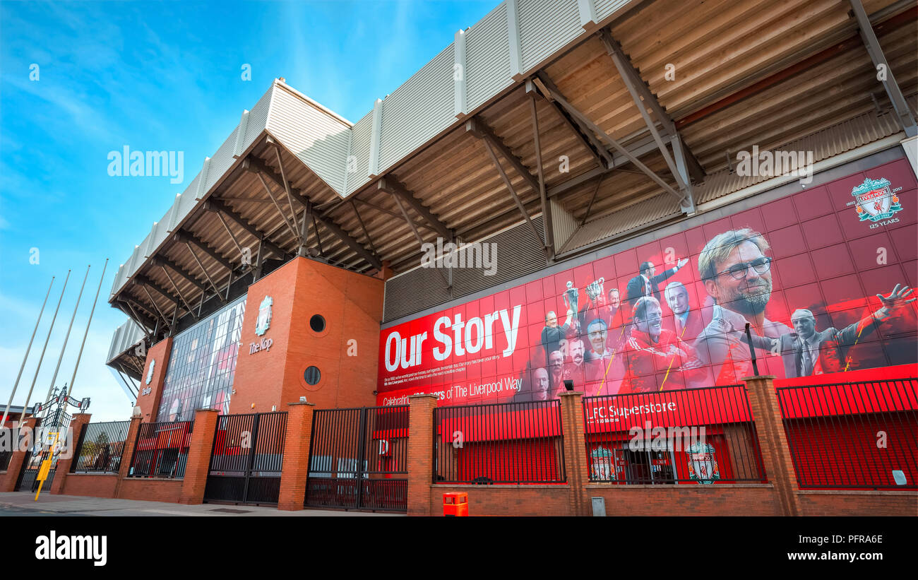 LIVERPOOL, UK - MAY 17 2018: Anfield stadium, the home ground of ...
