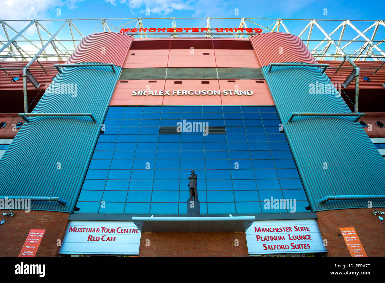 MANCHESTER, UK - MAY 19 2018: Sir Alex Ferguson Bronze statue in front ...