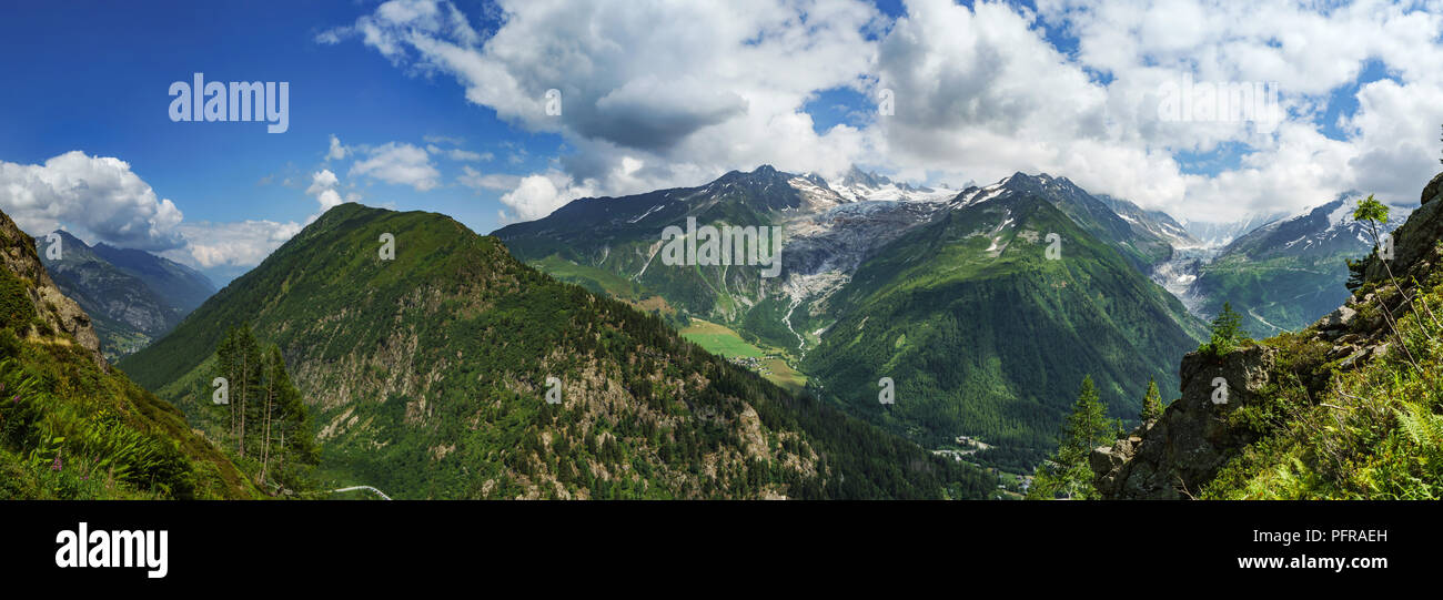 High Alps panoramic view. Border of France and Swiss. High resolution ...