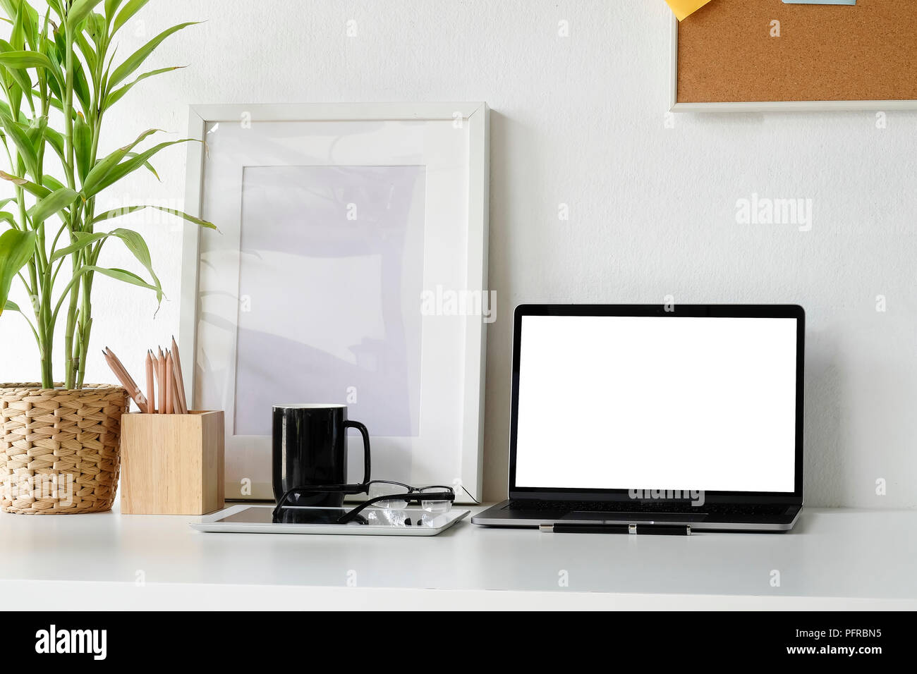 Laptop computer on office table with copy space and object office ...