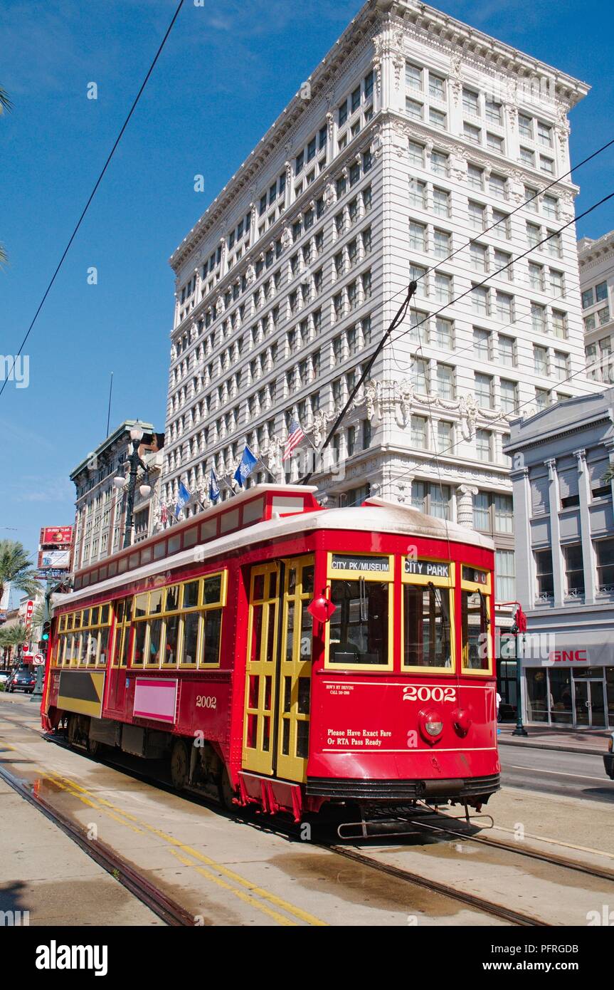 USA, Louisiana, New Orleans, red streetcar on Canal Street Stock Photo ...