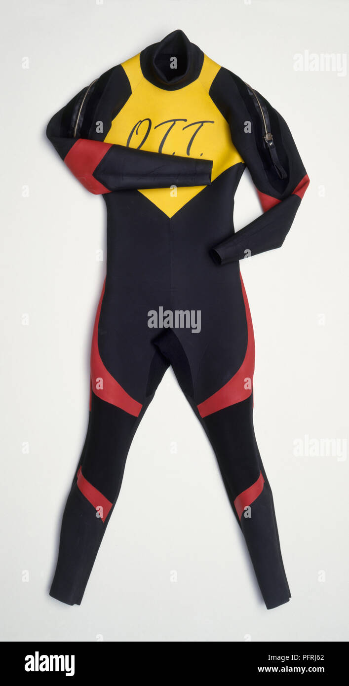 Black, yellow and red wetsuit Stock Photo - Alamy