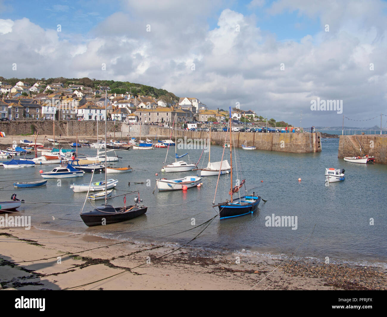 Great Britain, England, Cornwall, Mousehole, boats moored in harbour ...