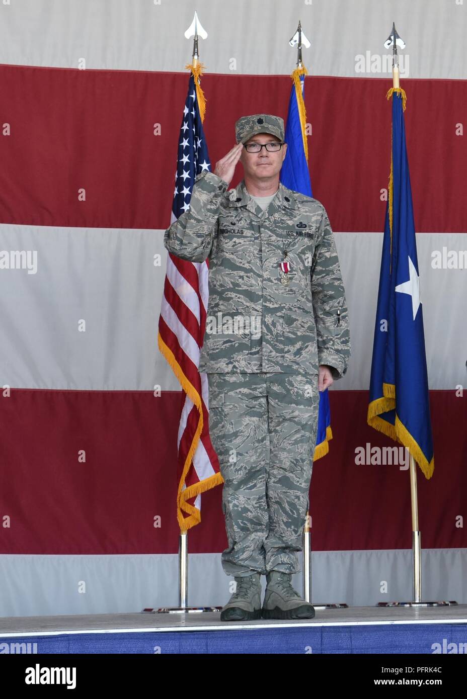 Lt. Col. Joseph Nicholas gives his final salute to the 56th Comptroller Squadron May 30, 2018 at ...