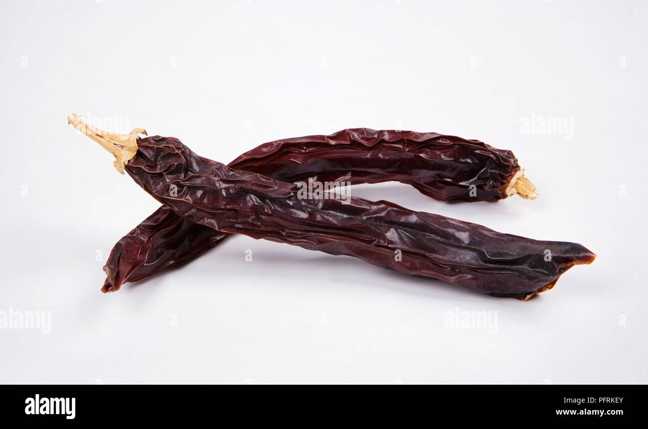 Two dried pasilla negro chilli peppers Stock Photo - Alamy