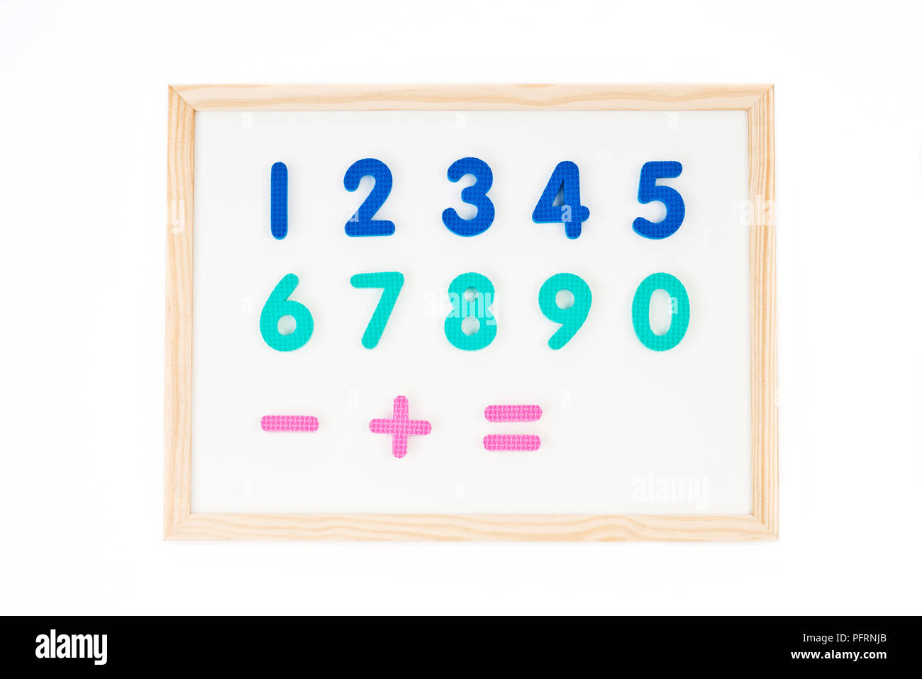 Foam numbers and calculating symbols arranged inside a wooden frame ...