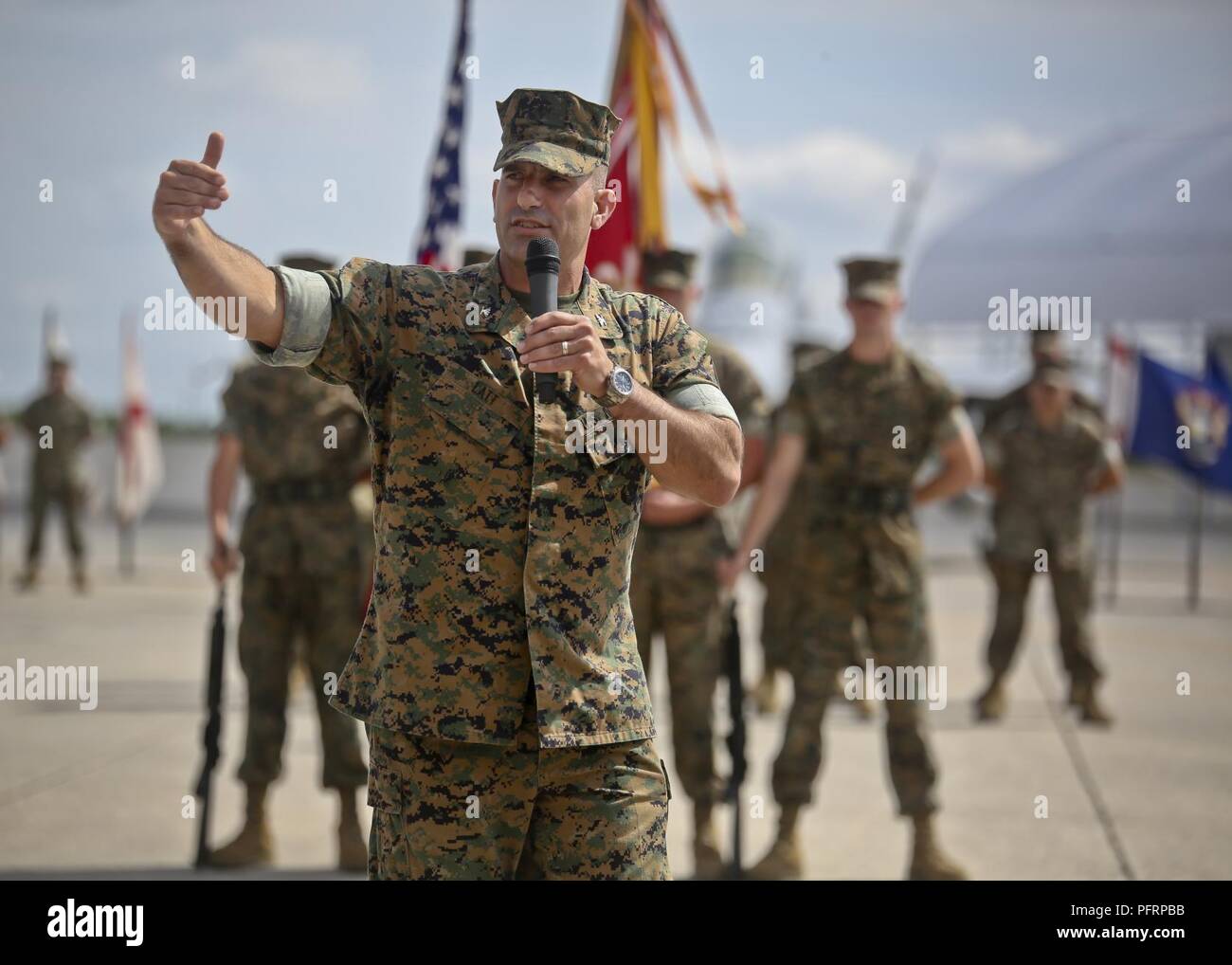 Col. Frank Latt addresses the crowd during a change of command ceremony ...