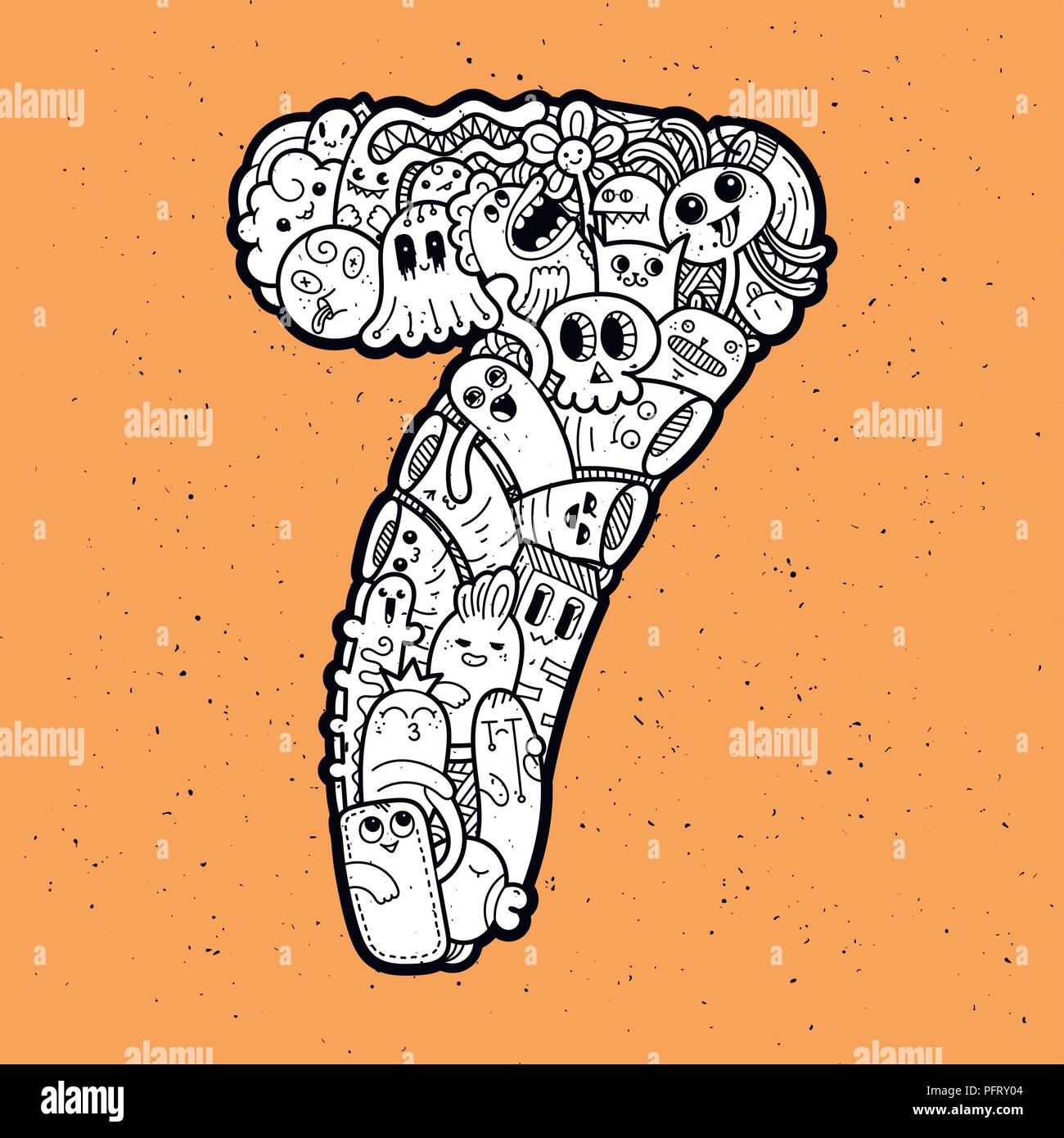 Number Seven. Hand drawn doodled kids numbers. Cute monstred numbers ...