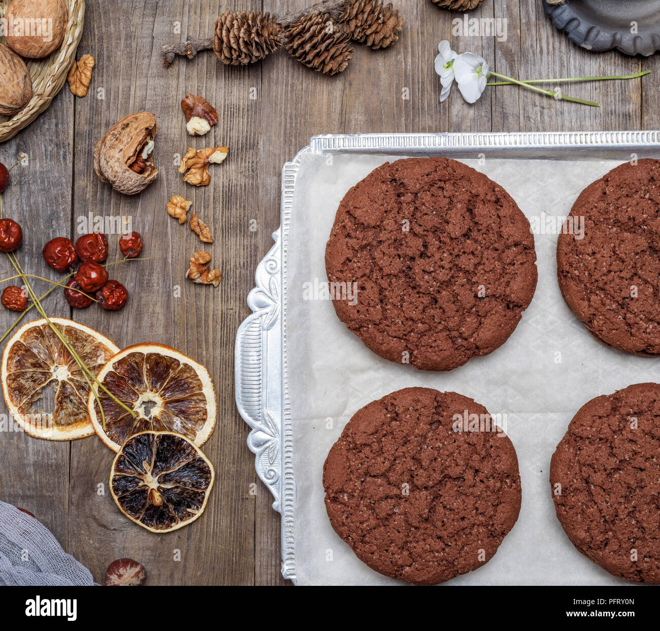 baked round chocolate chip cookies in an iron bowl, top view Stock ...