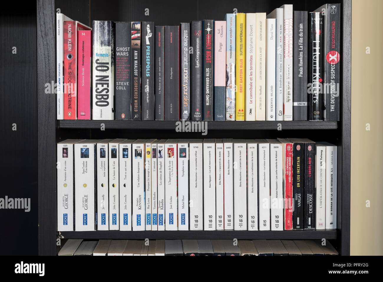 A close-up of home bookshelves filled with a mix of French and English ...