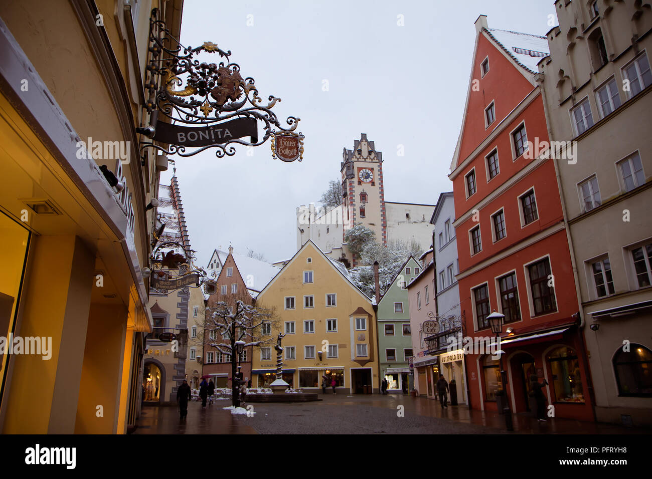 April, 2017: view of street in Fussen, Germany, with typical bavarian ...