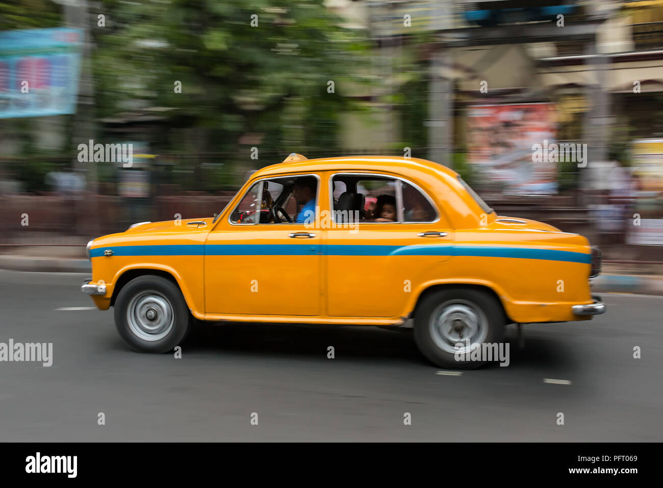The Indian yellow Ambassador taxi cab driving on streets of Kolkata ...