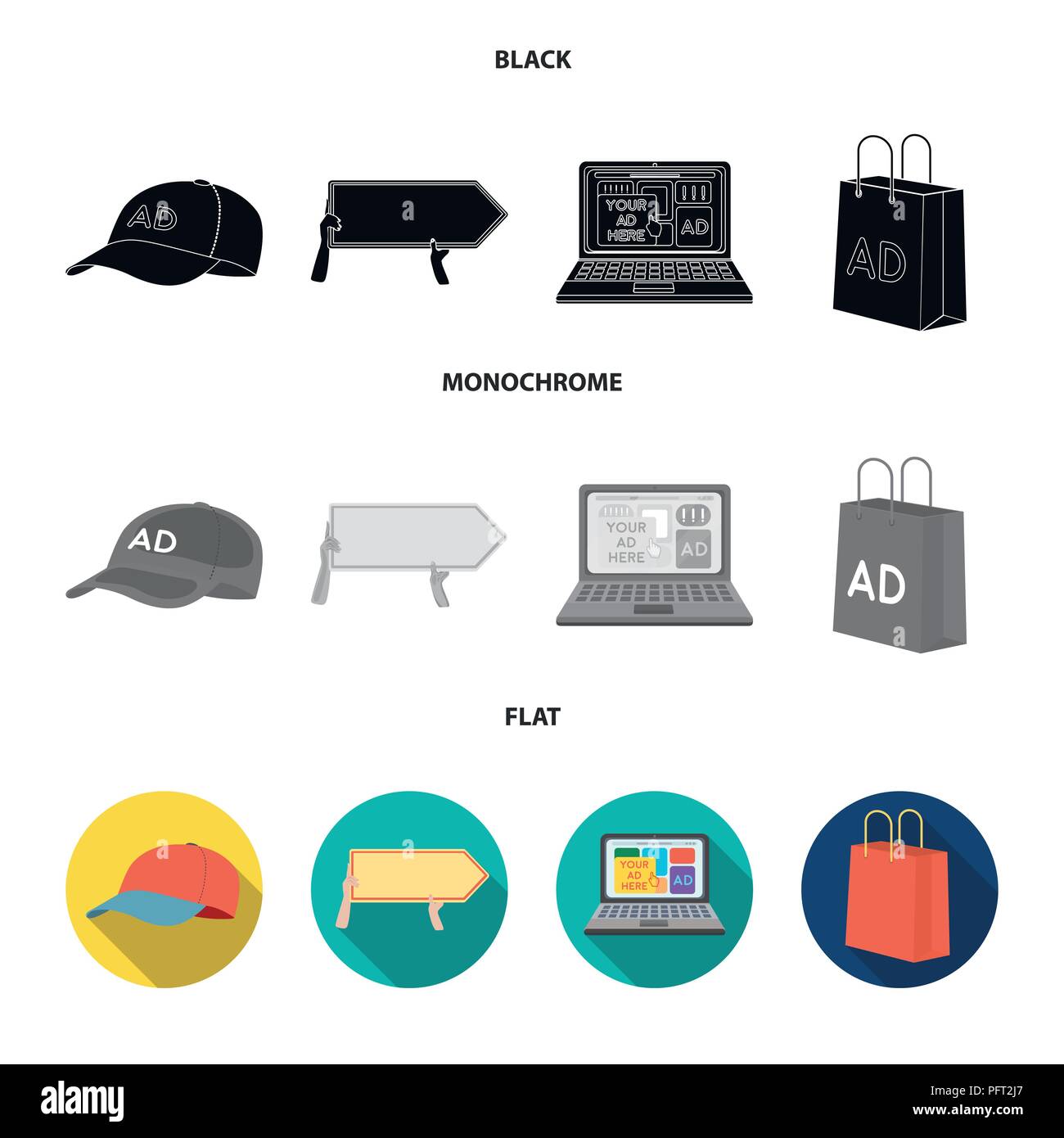 Baseball cap, pointer in hands, laptop, shopping bag.Advertising,set ...