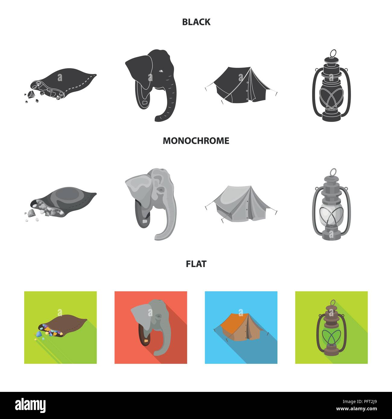 A bag of diamonds, an elephant head, a kerosene lamp, a tent. African ...