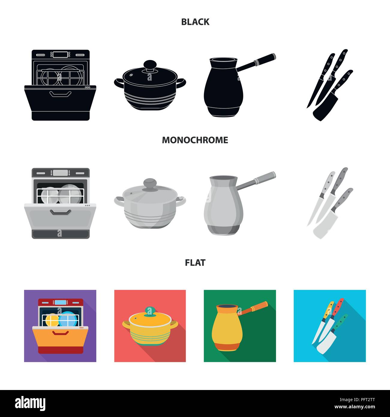 Kitchen equipment black, flat, monochrome icons in set collection for design. Kitchen and ...