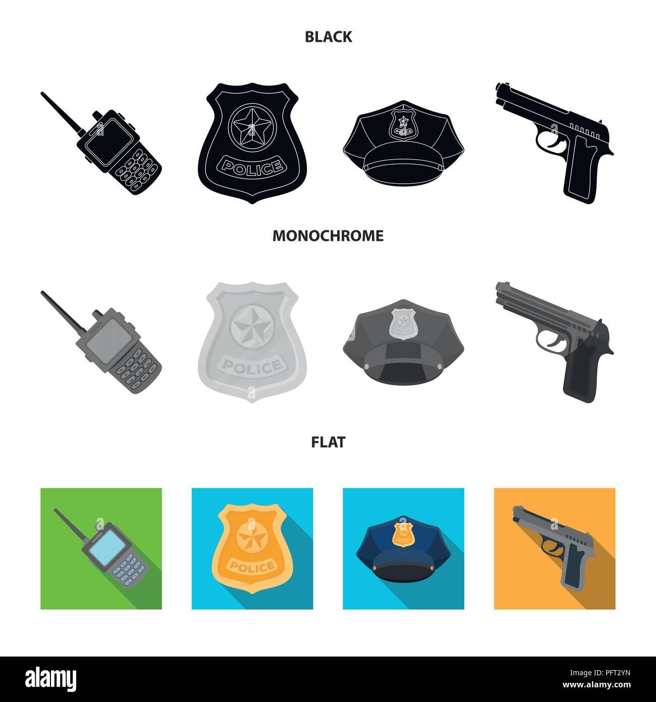 Radio, police officer badge, uniform cap, pistol.Police set collection ...