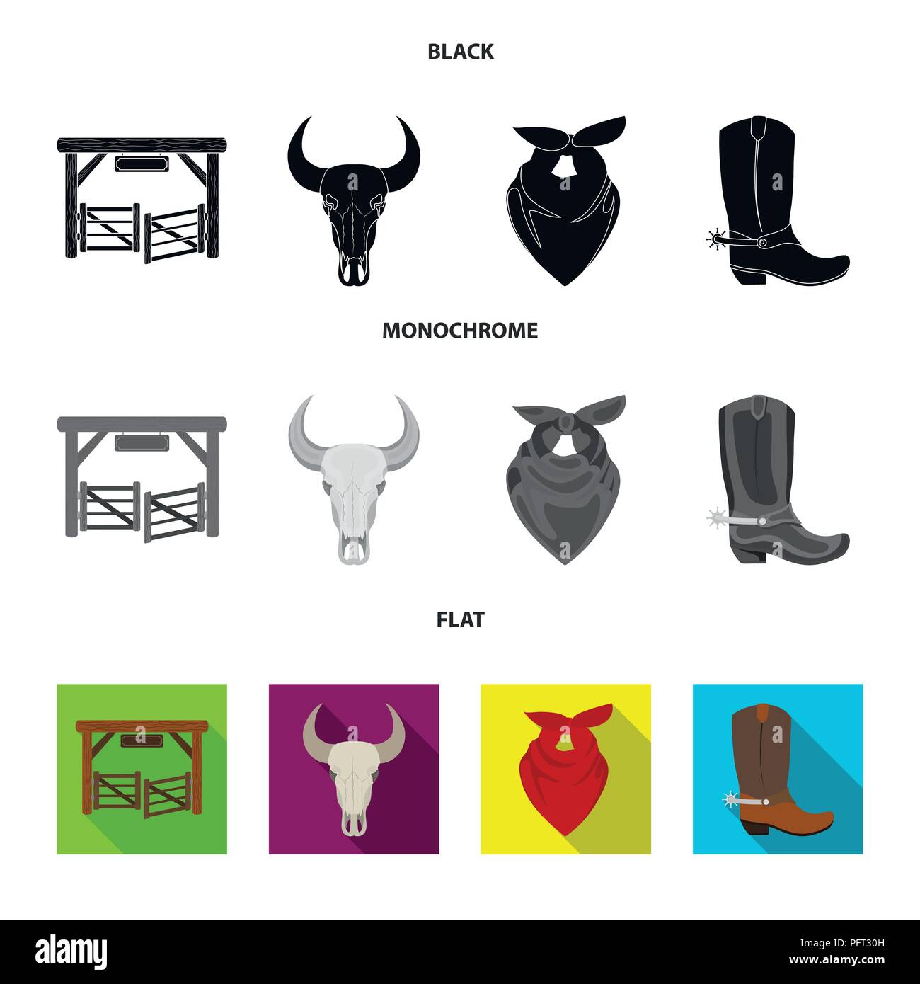 Gates, a bull skull, a scarf around his neck, boots with spurs. Rodeo ...