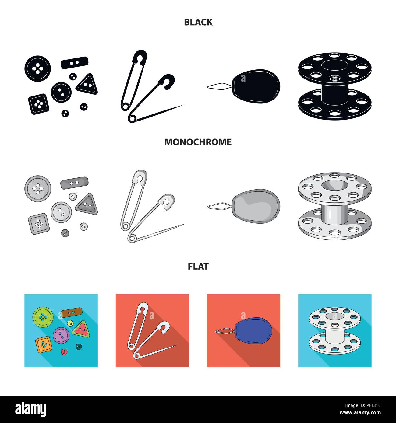 Buttons, pins, coil and thread.Sewing or tailoring tools set collection ...