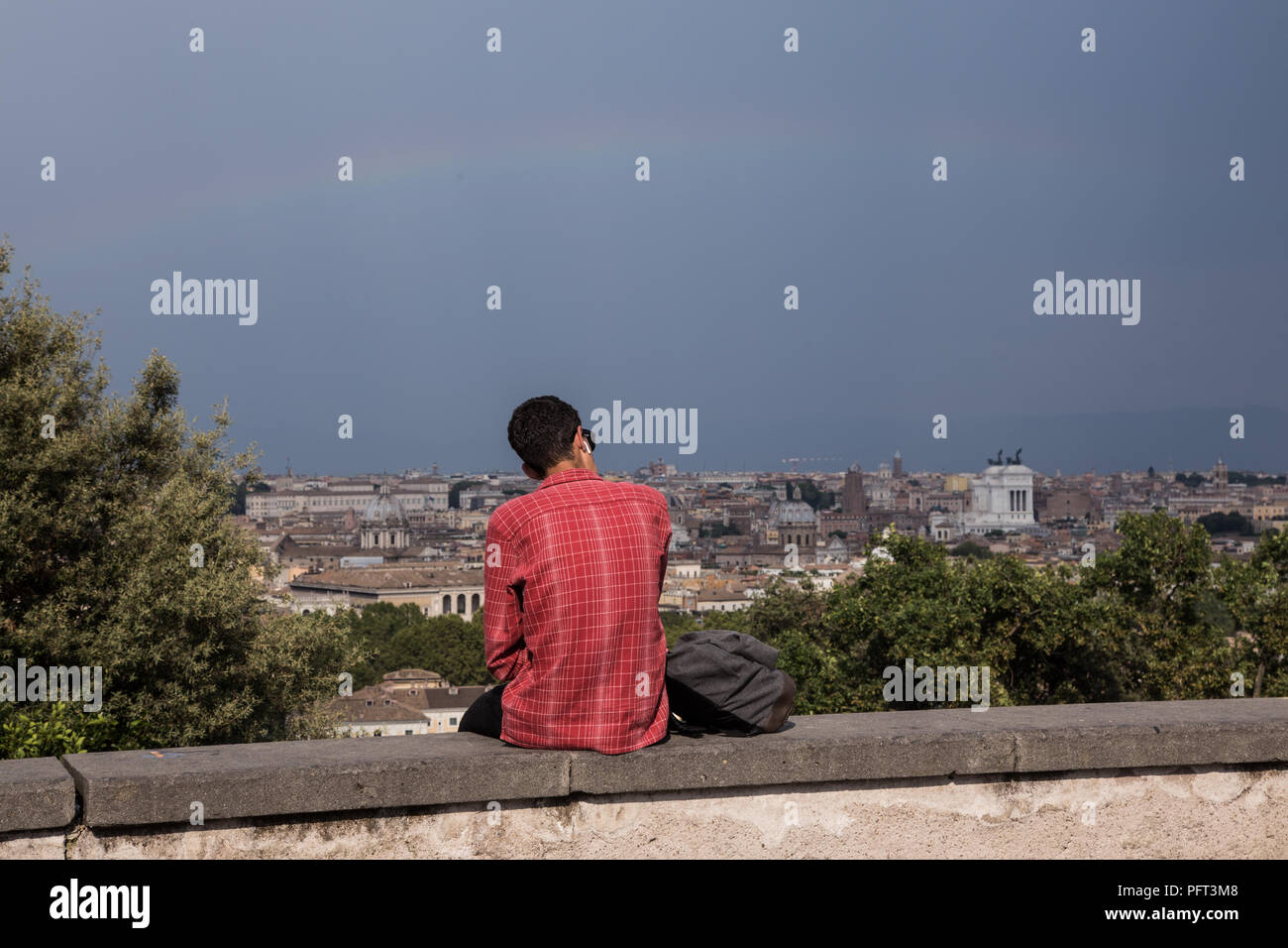 Roma, Italy. 21st Aug, 2018. Rainbow seen at sunset after a storm from ...