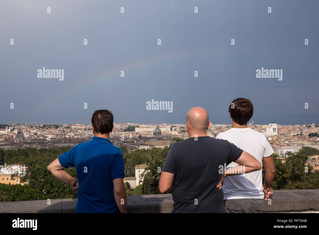 Roma, Italy. 21st Aug, 2018. Rainbow seen at sunset after a storm from ...