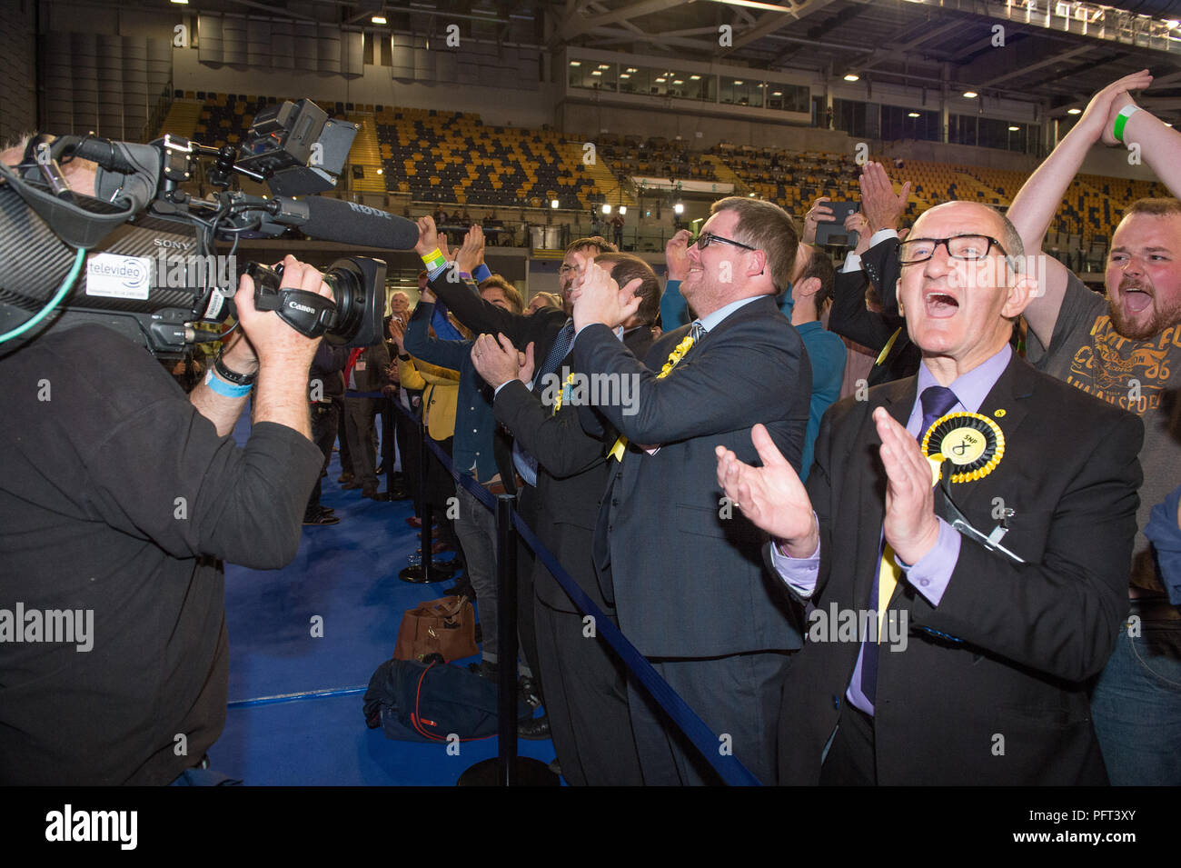 Crowd react with joy as Carol Monaghan SNP Glasgow North West candidate ...