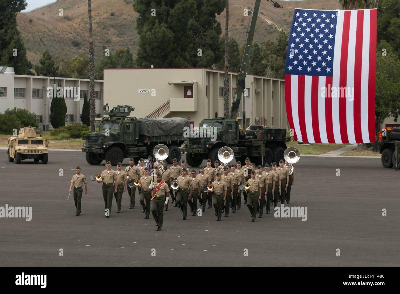 U.S. Marines with 1st Marine Division Band preform a pre-parade ...