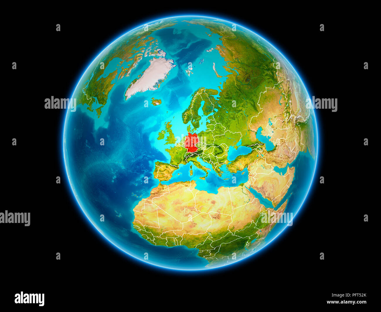 Germany in red with visible country borders from space. 3D illustration ...