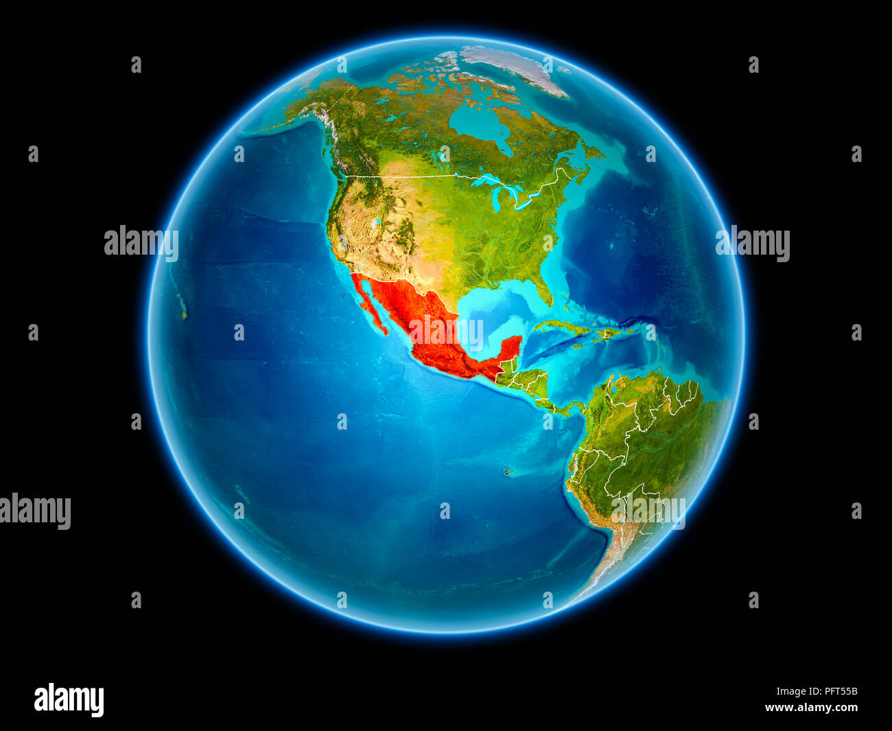 Mexico in red with visible country borders from space. 3D illustration ...