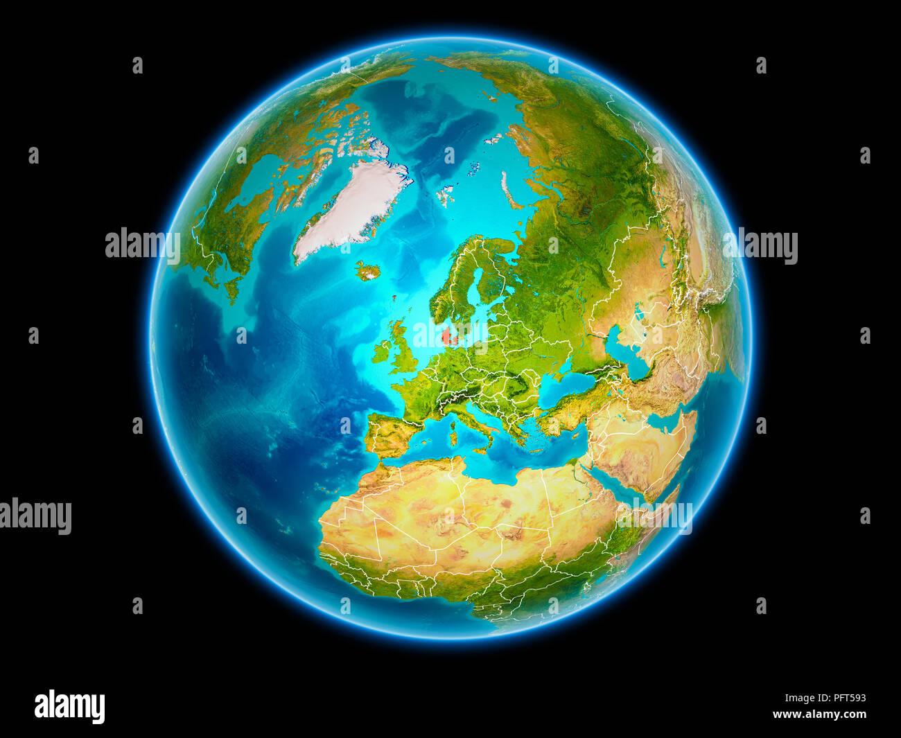 Denmark in red with visible country borders from space. 3D illustration ...