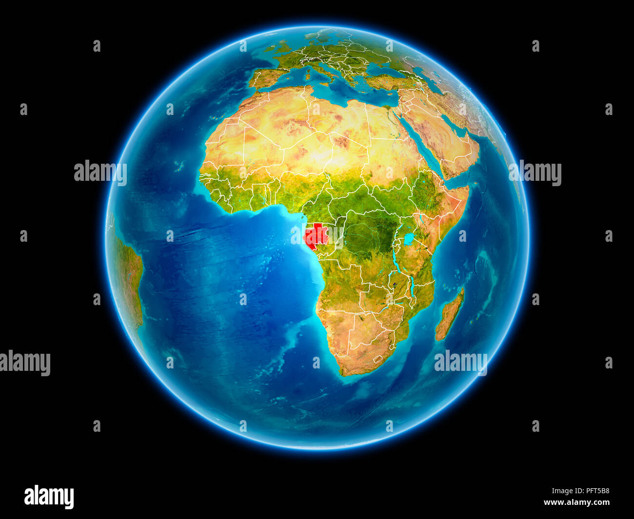 Gabon in red with visible country borders from space. 3D illustration ...