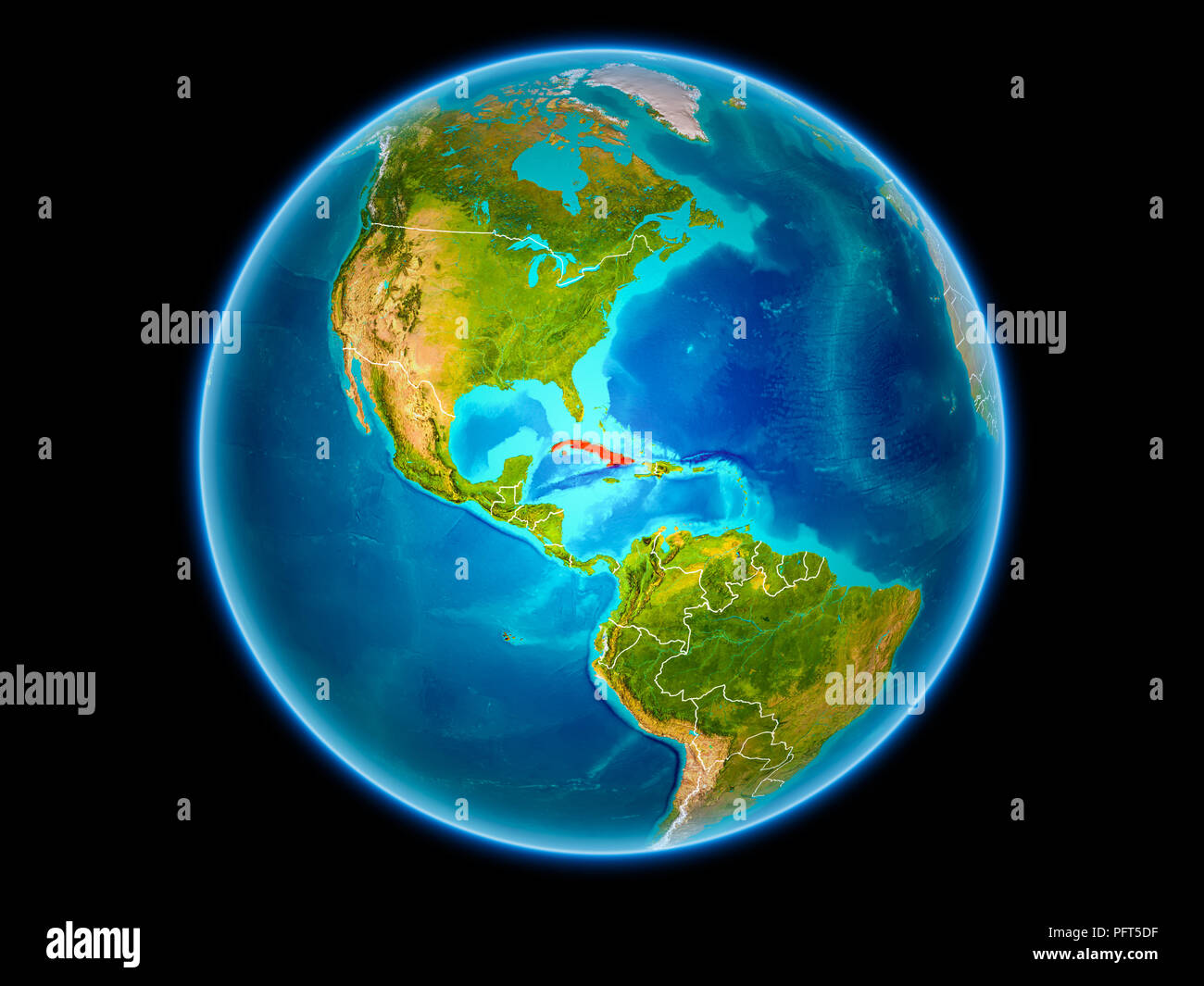 Cuba in red with visible country borders from space. 3D illustration ...