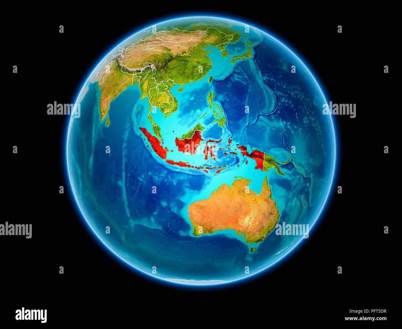 Indonesia in red with visible country borders from space. 3D ...