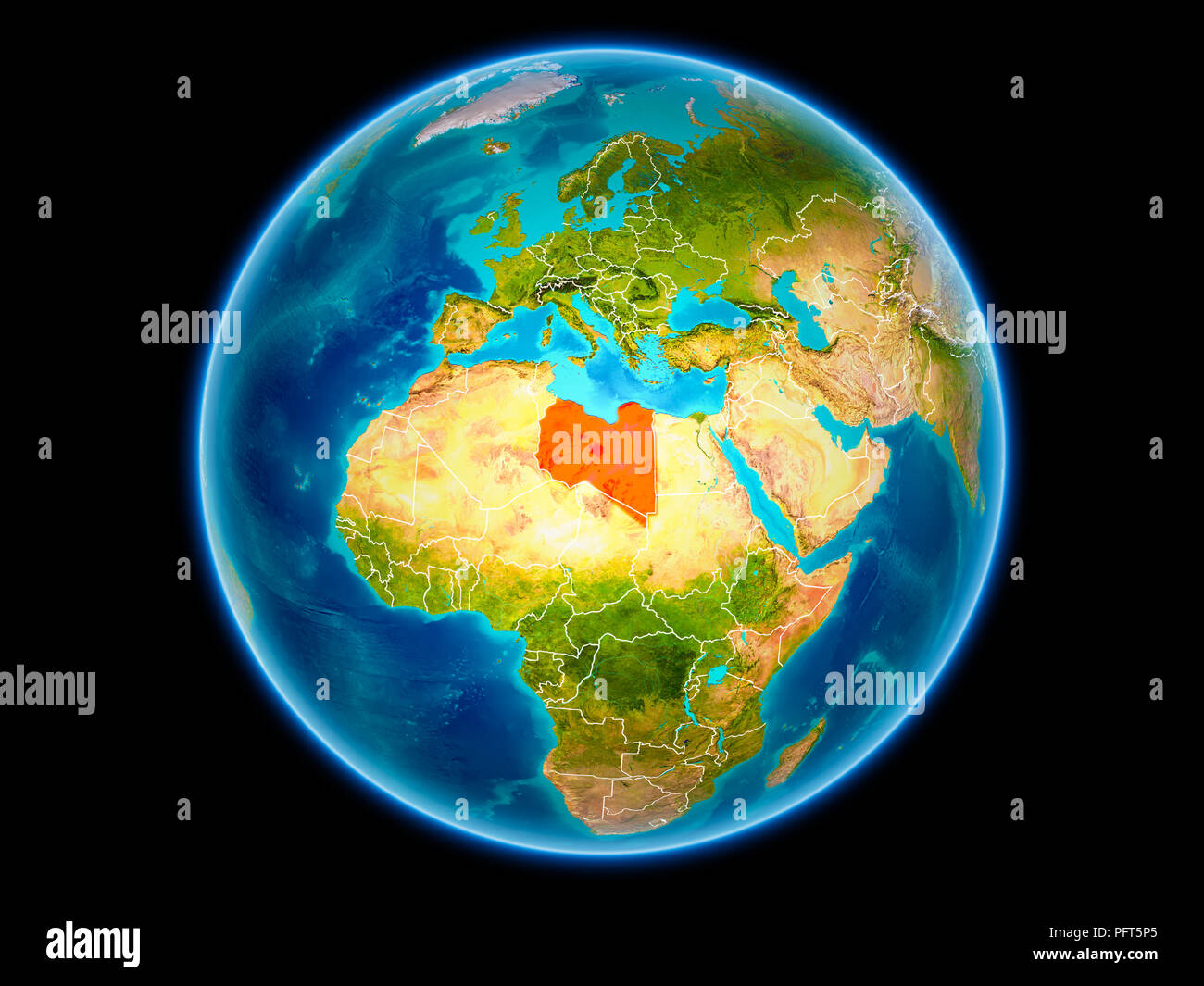 Libya in red with visible country borders from space. 3D illustration ...