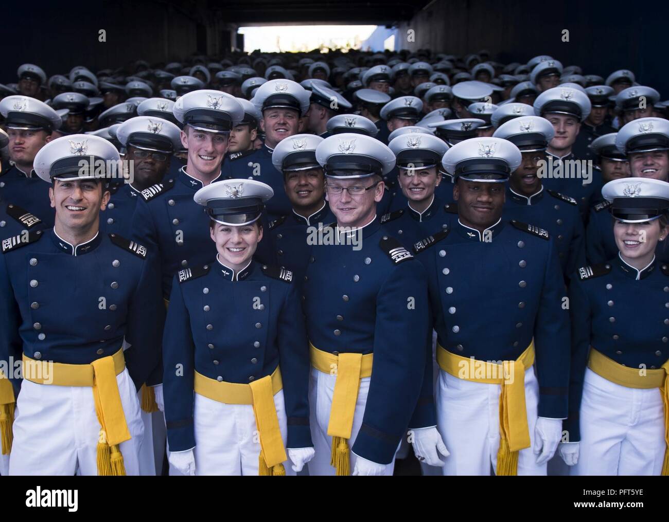 U.S. Air Force Academy cadets pose for a photo in the tunnel of Falcon ...