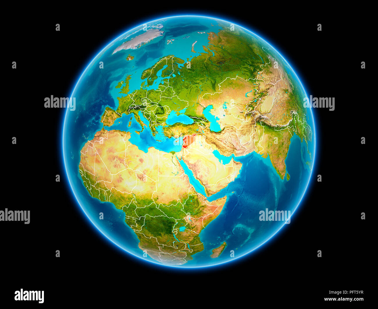 Syria in red with visible country borders from space. 3D illustration ...