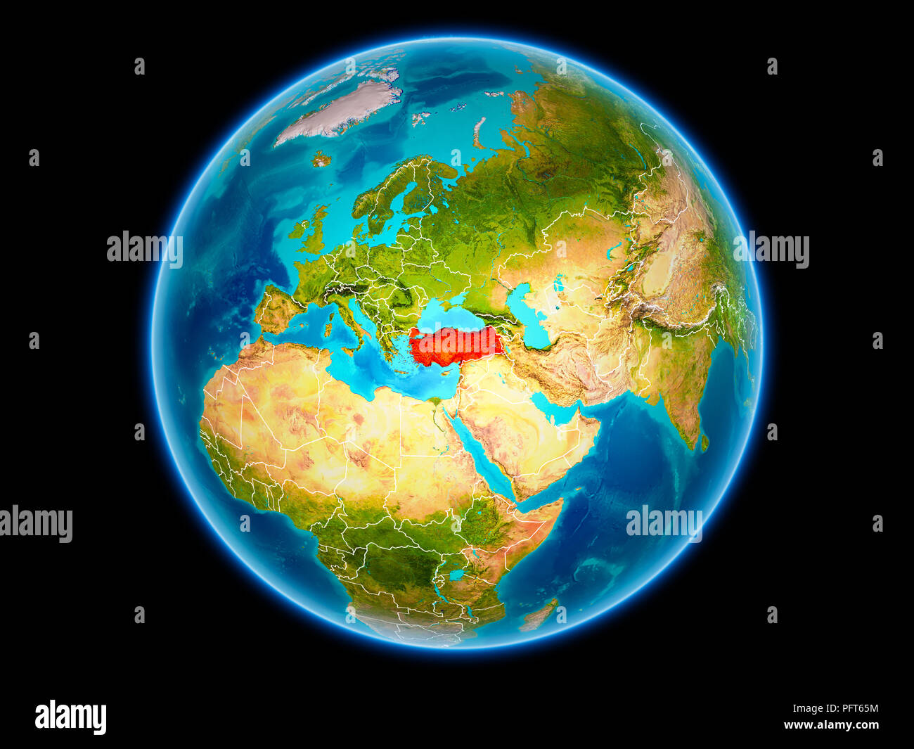 Turkey in red with visible country borders from space. 3D illustration ...