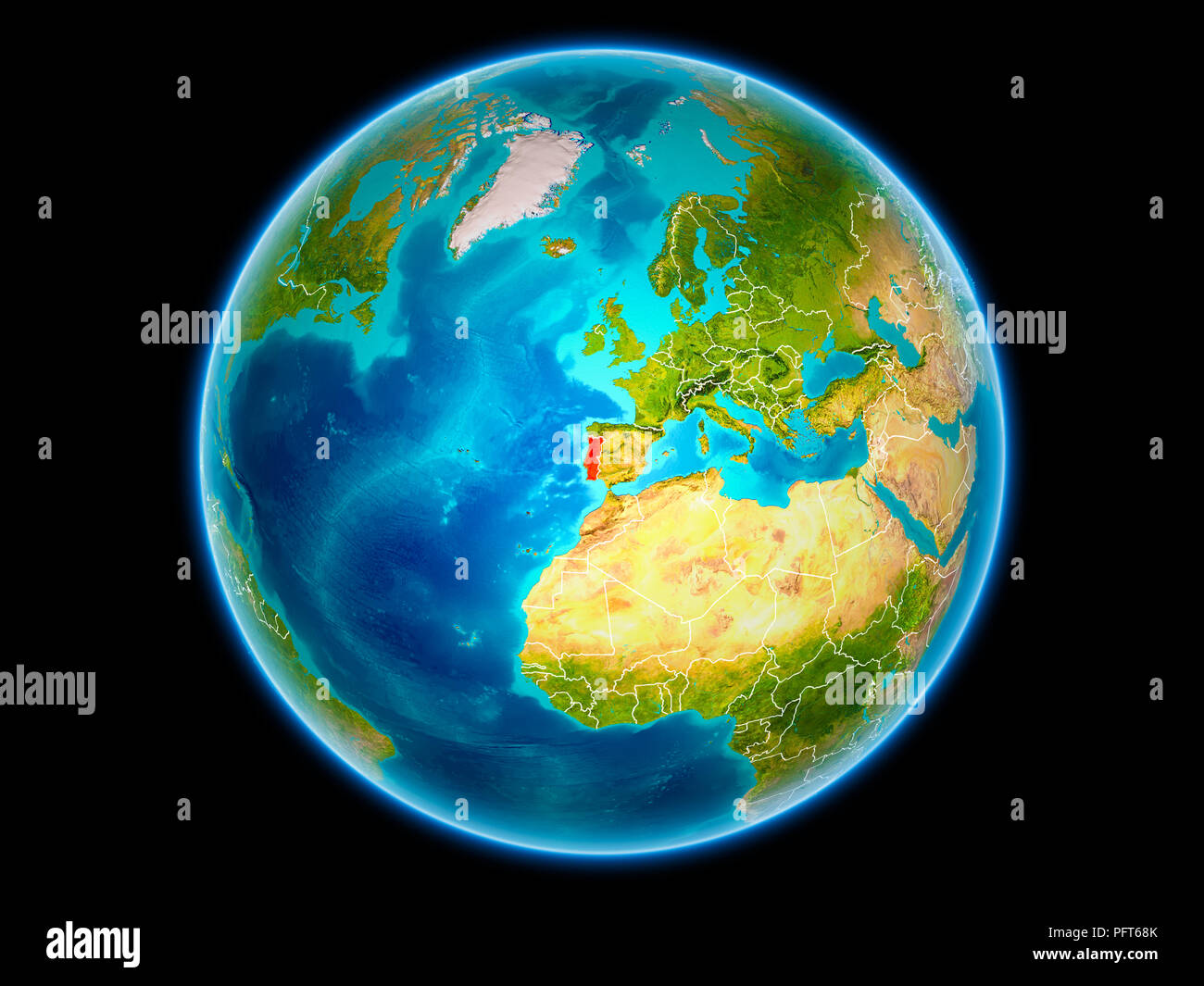 Portugal in red with visible country borders from space. 3D ...