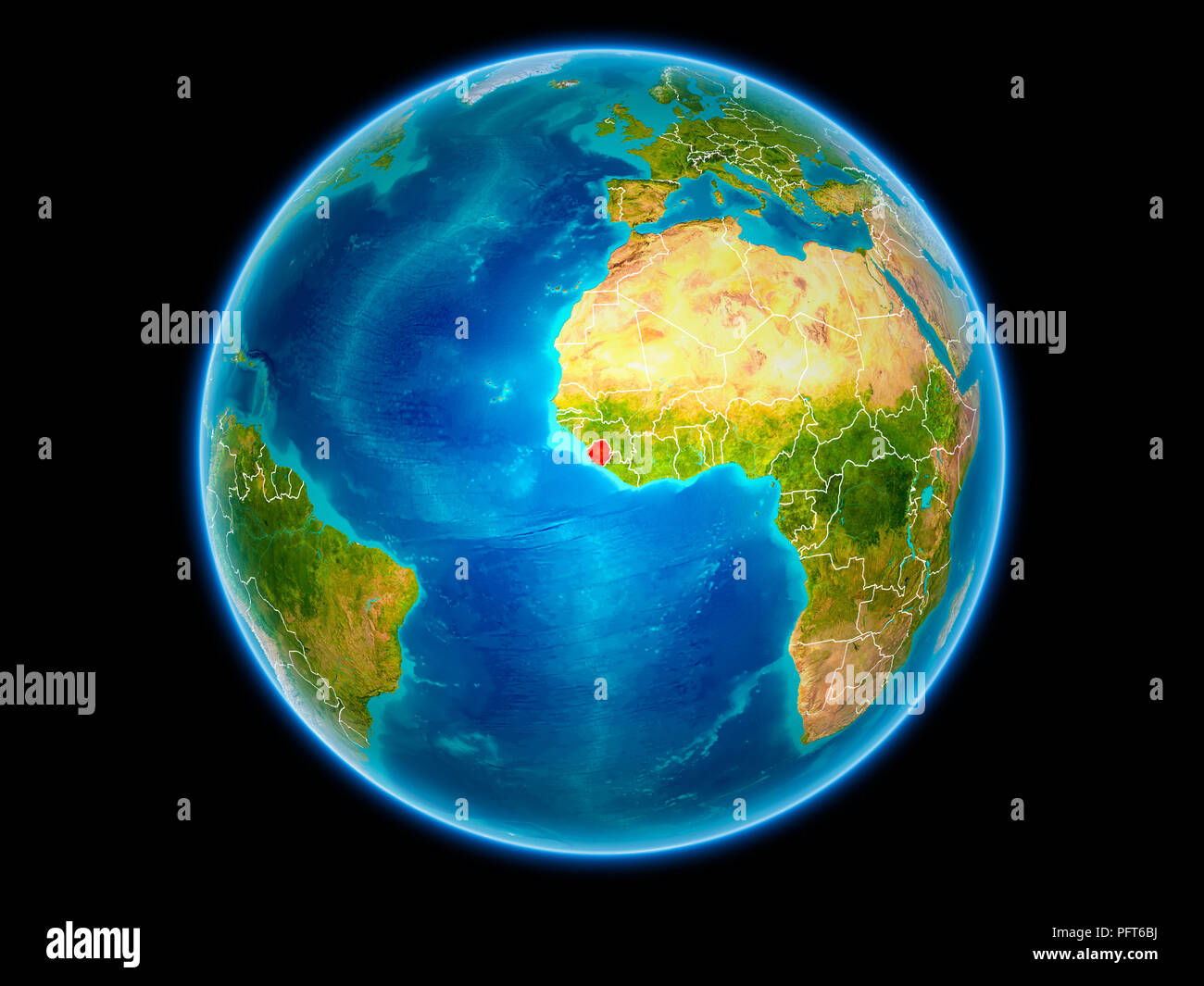 Sierra Leone in red with visible country borders from space. 3D ...