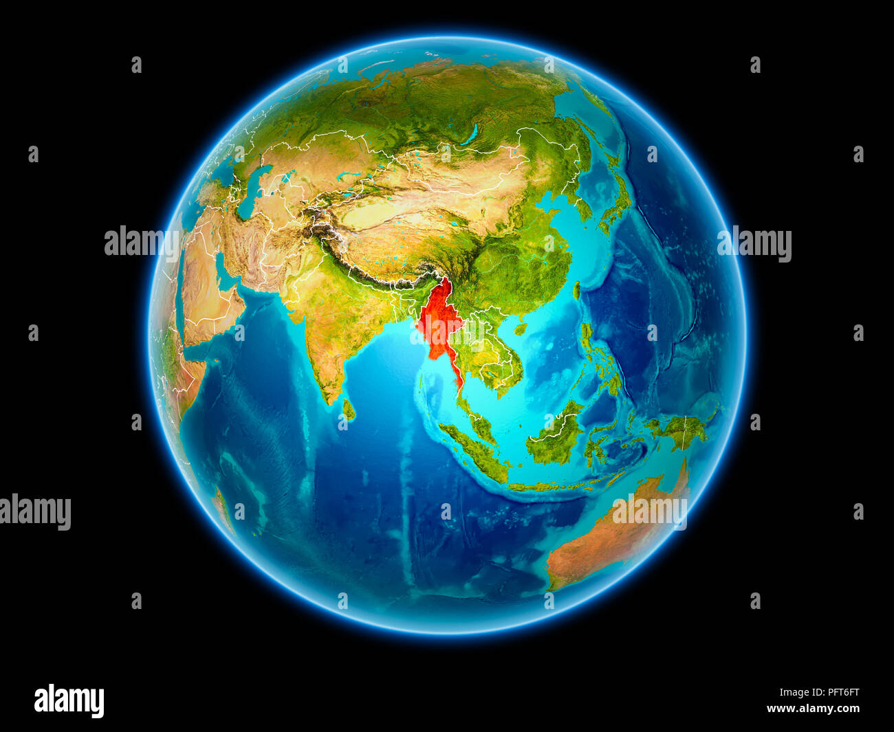Myanmar in red with visible country borders from space. 3D illustration ...
