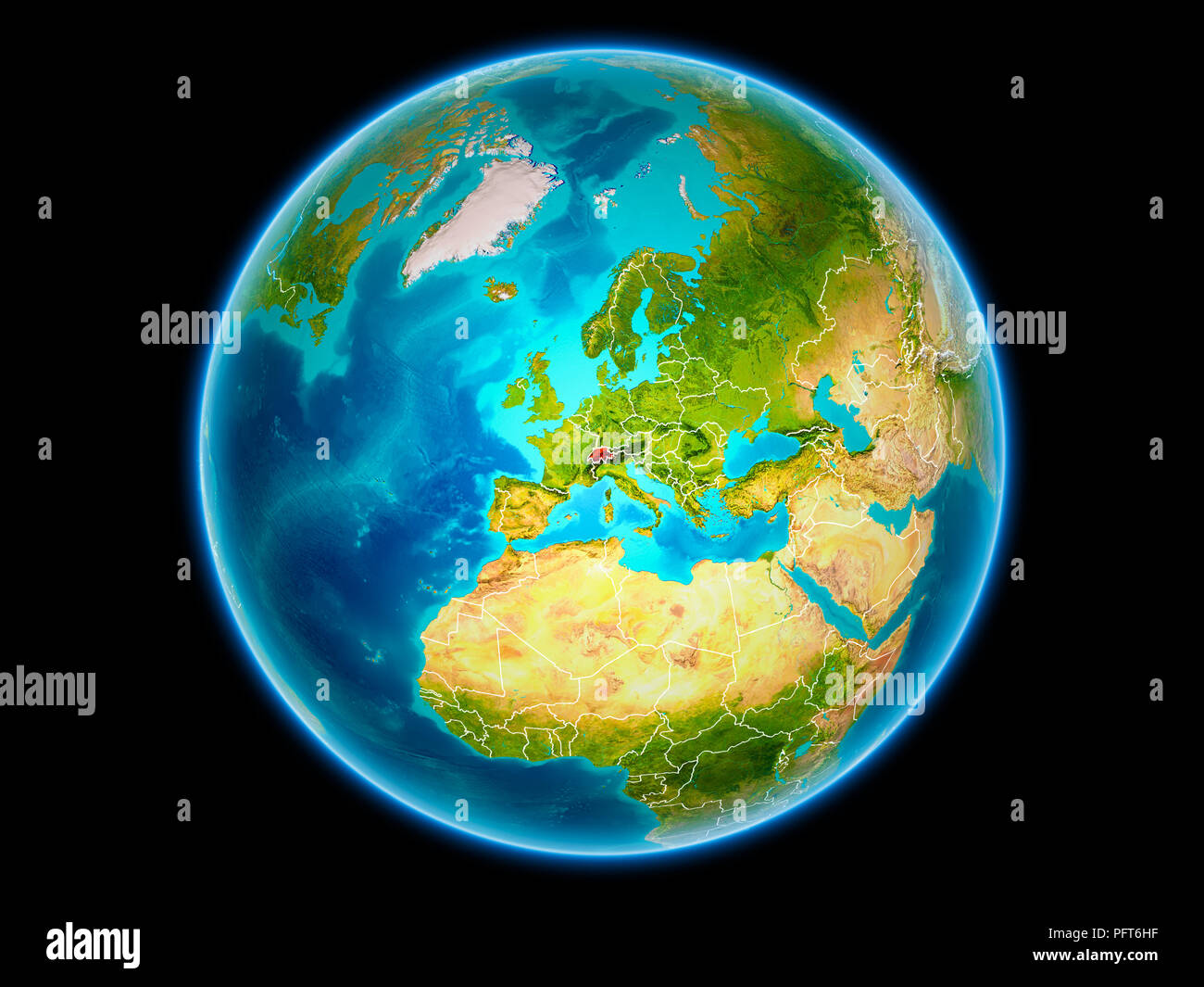 Switzerland in red with visible country borders from space. 3D illustration. Elements of this ...