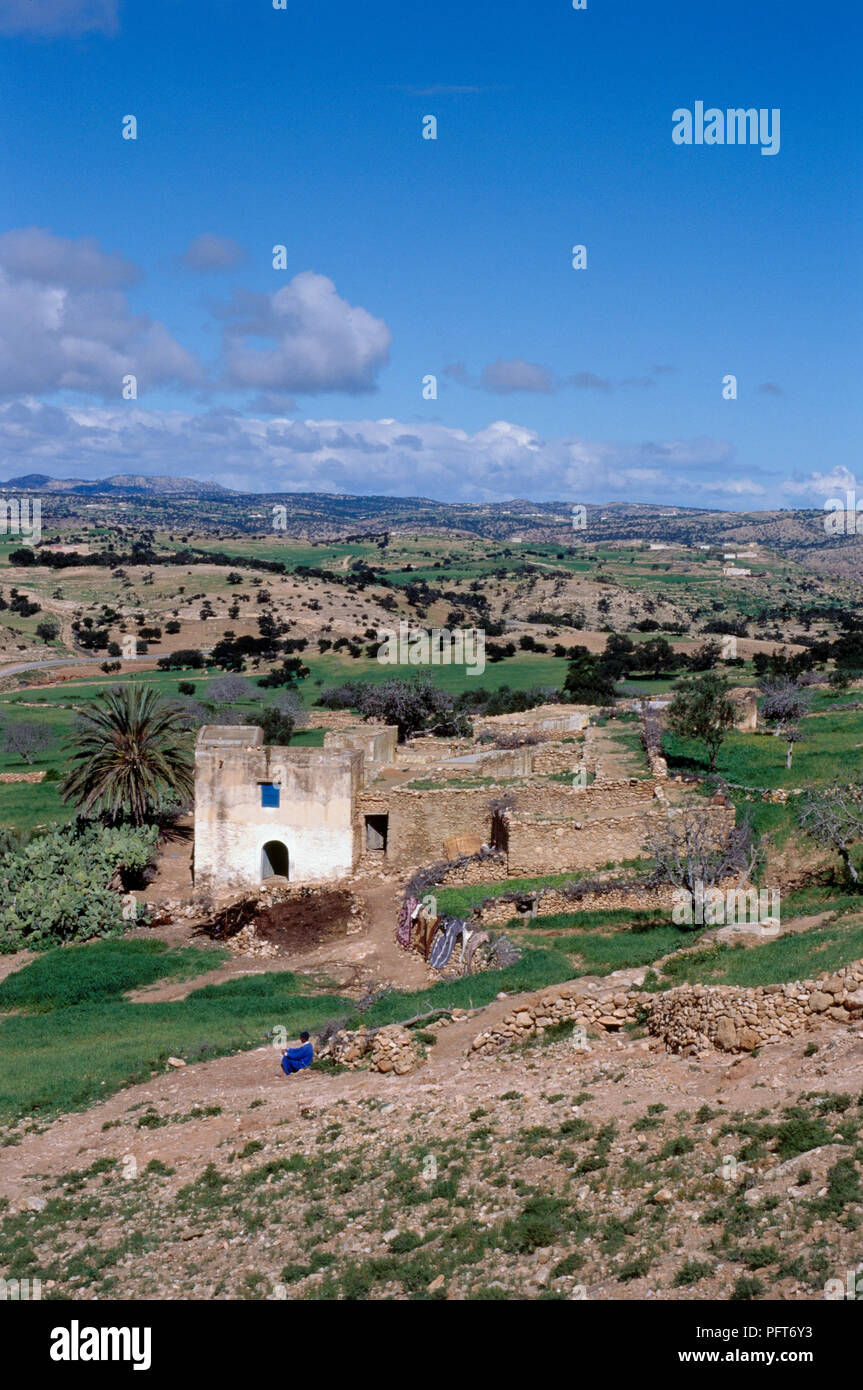Morocco, Essaouira Province, Tamanar, landscape with old stone building ...