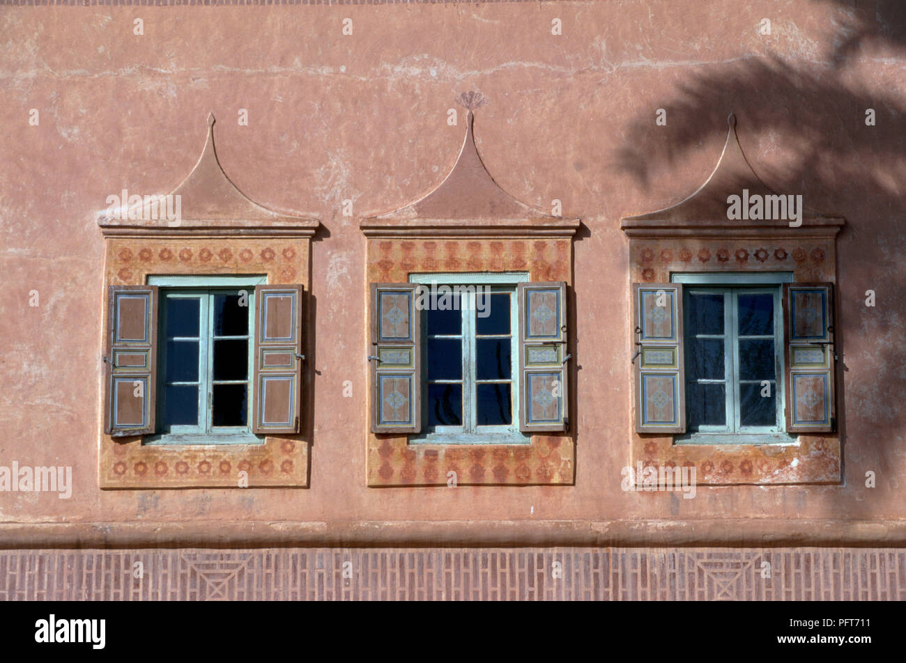 Morocco, Marrakech, Agdal Gardens, decorative shuttered windows of ...