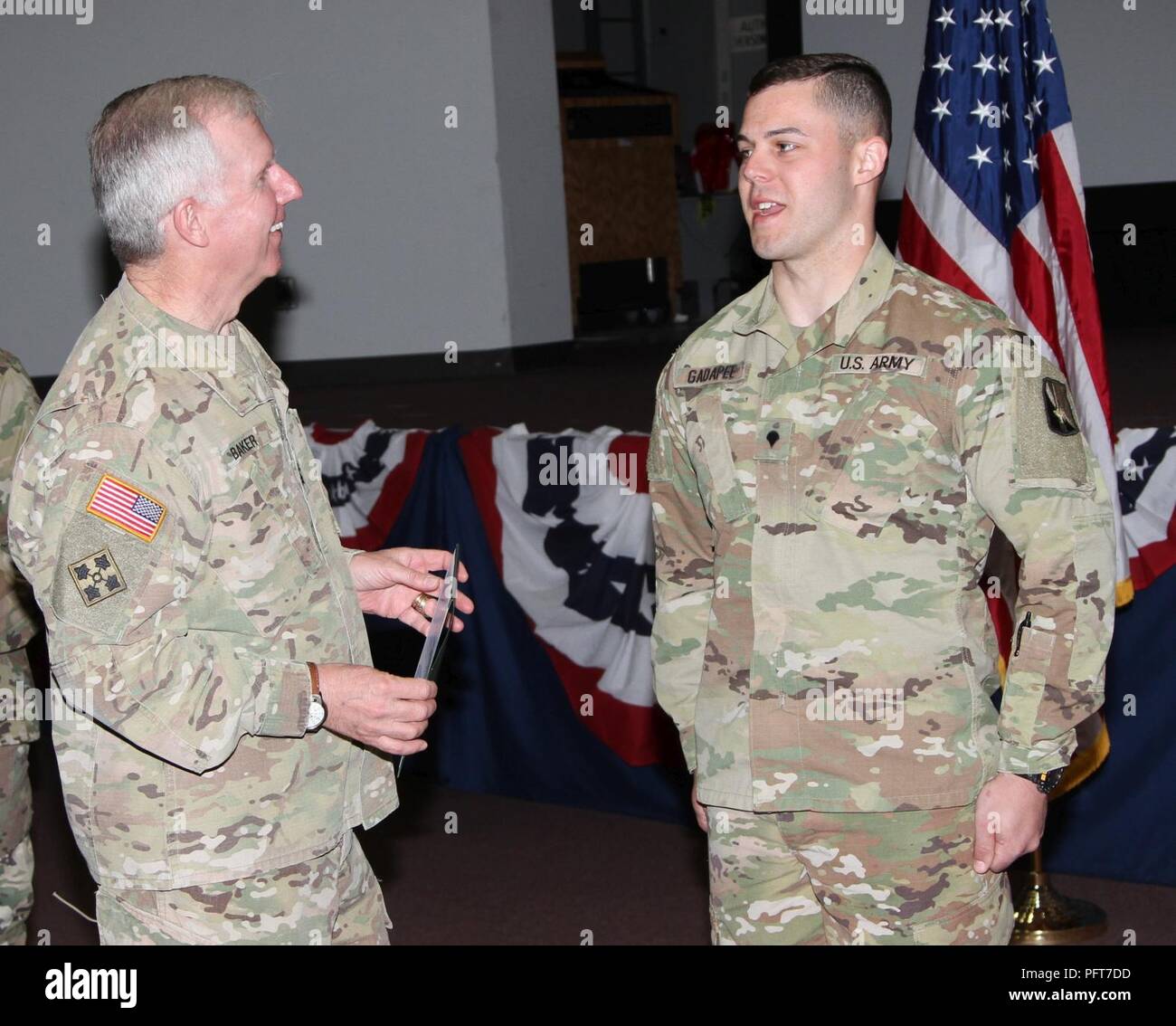 Spc. Tyler Gadapee, the NETCOM Soldier of the Year winner, speaks with ...