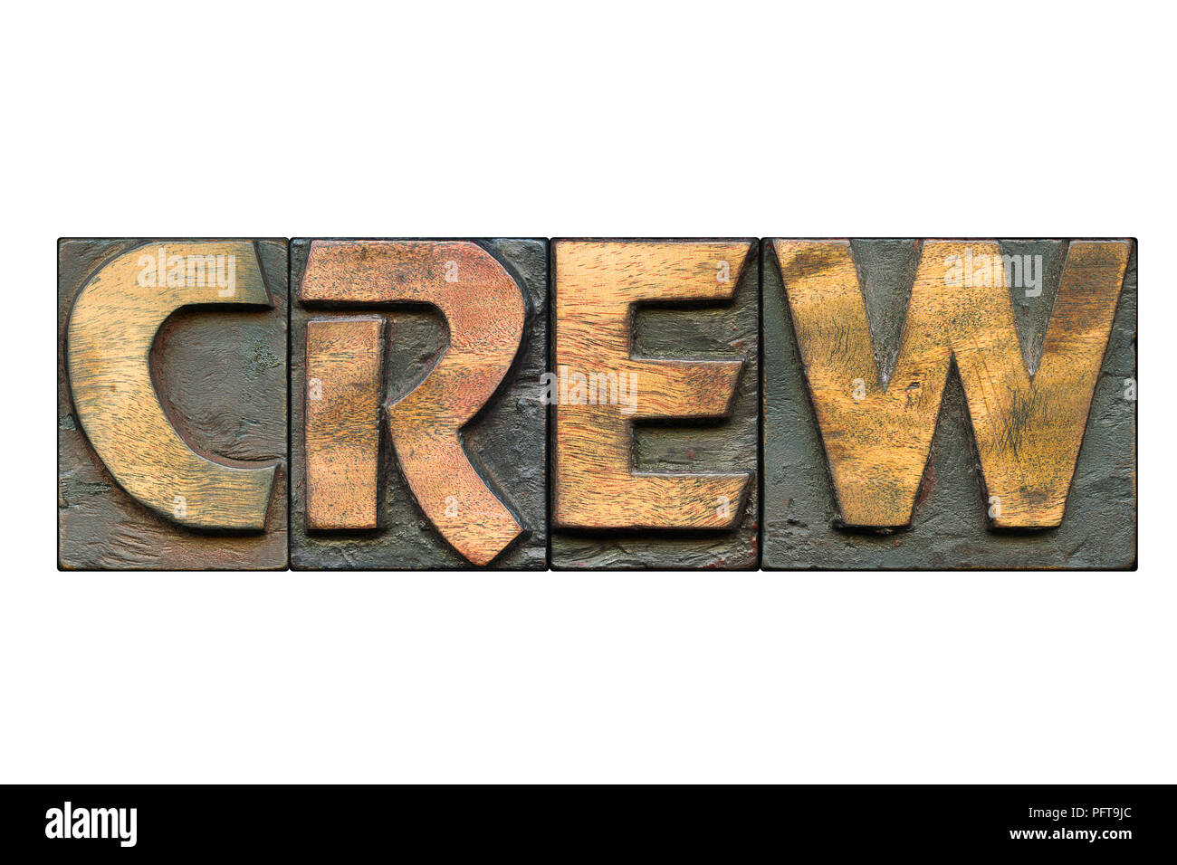 crew word made from vintage bold letterpress blocks isolated on white ...
