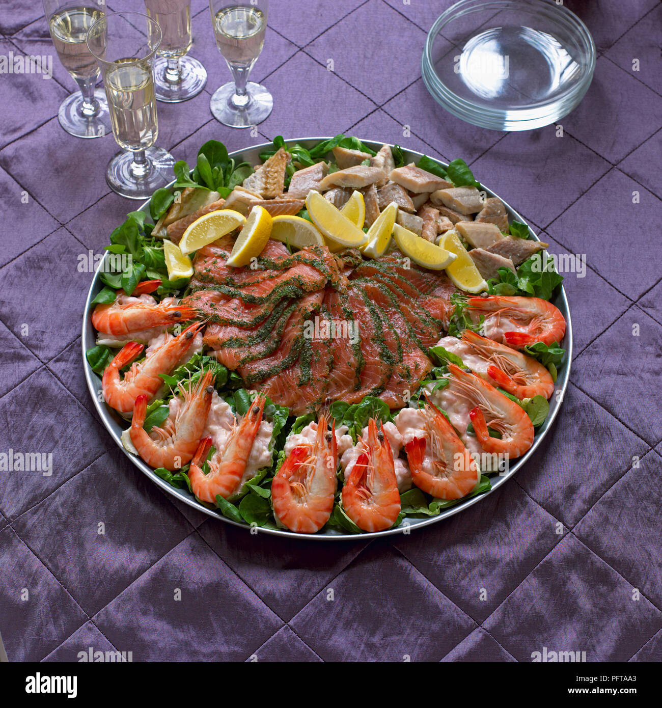 Fish and seafood platter, including gravadlax (salmon), prawn cocktail ...