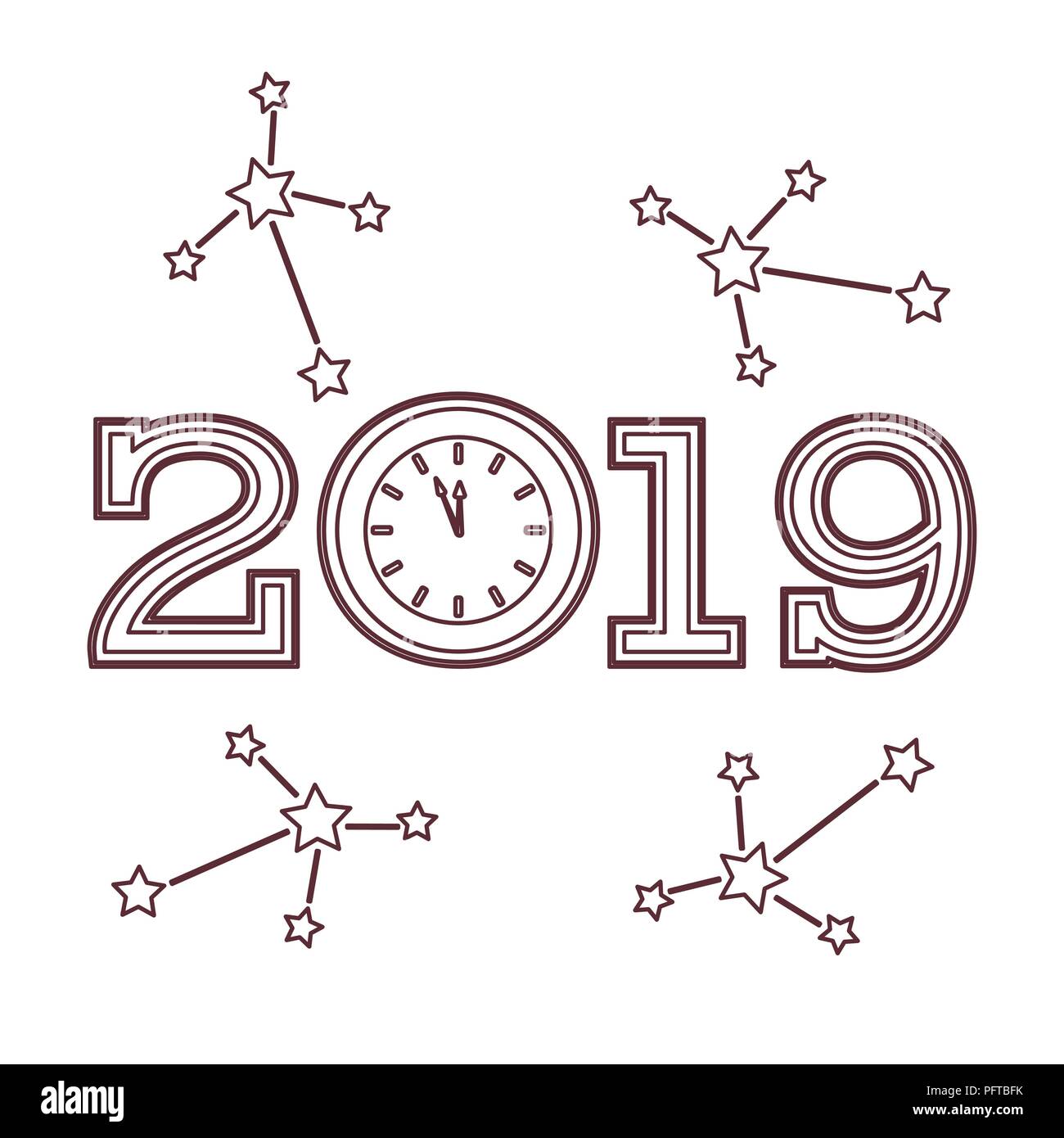 Christmas and New Year 2019 card. Vector new year background with clock ...