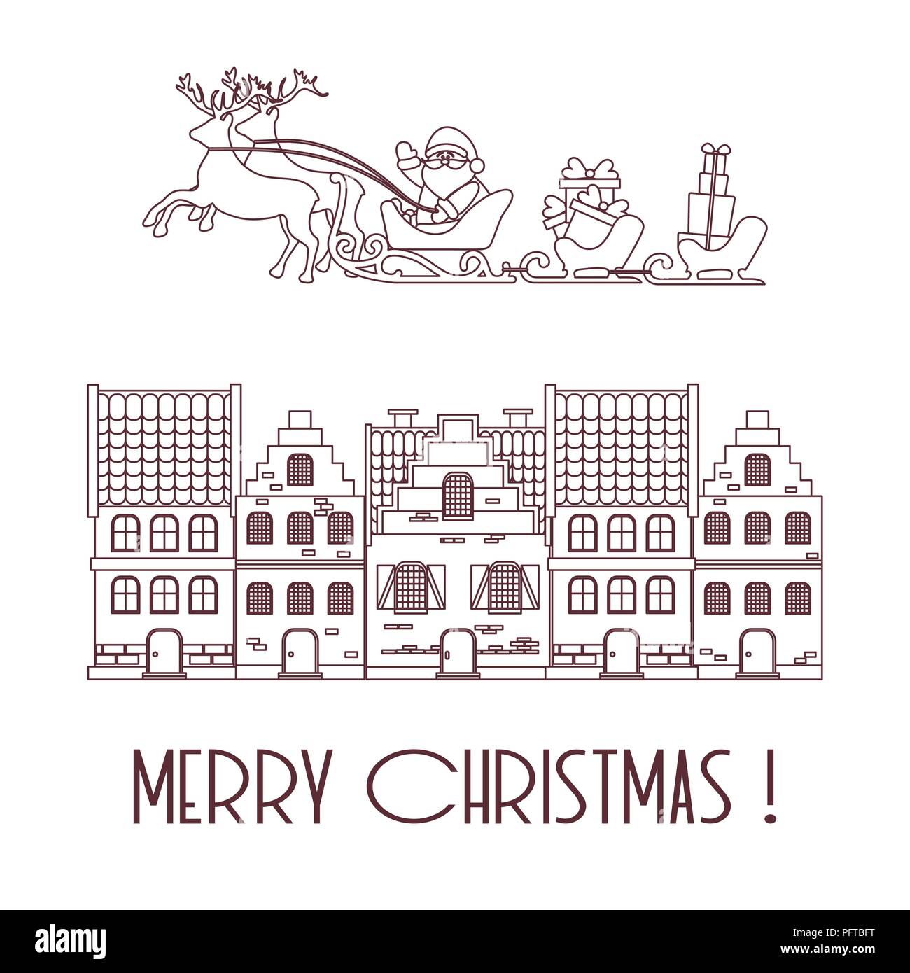 Christmas card. Vector illustration Santa Claus with gifts in sleighs ...