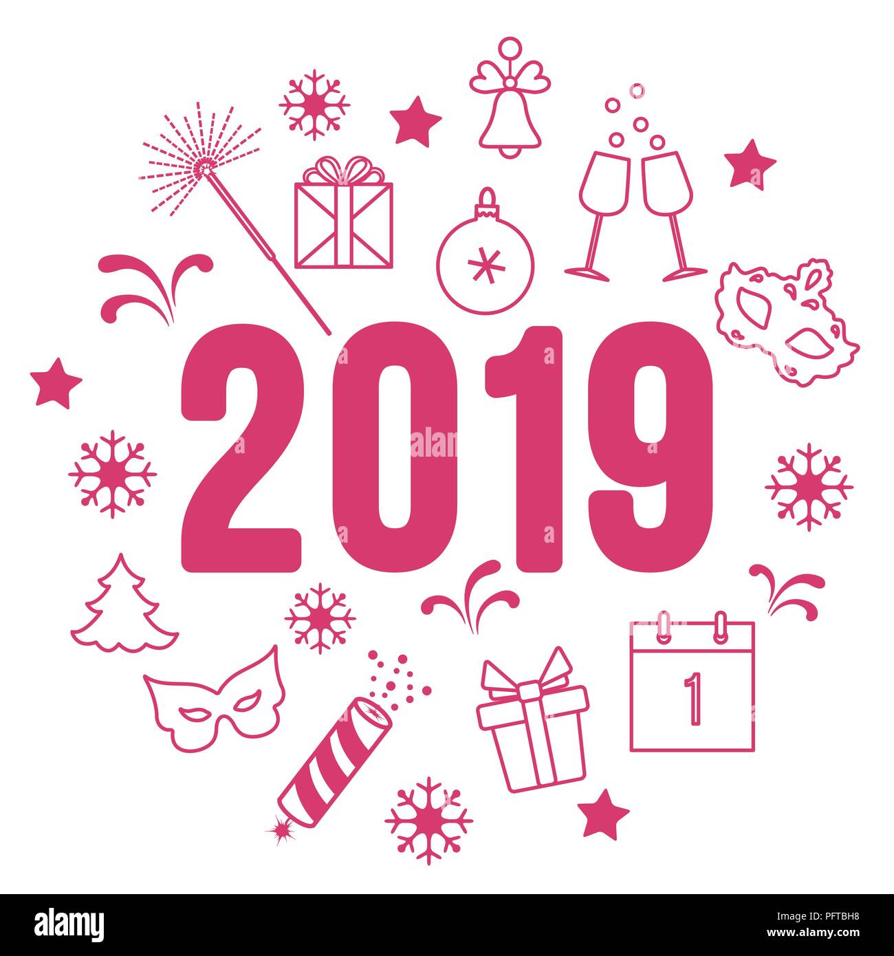 New Year symbols. Gifts, firecrackers, fireworks, bead, glasses with ...